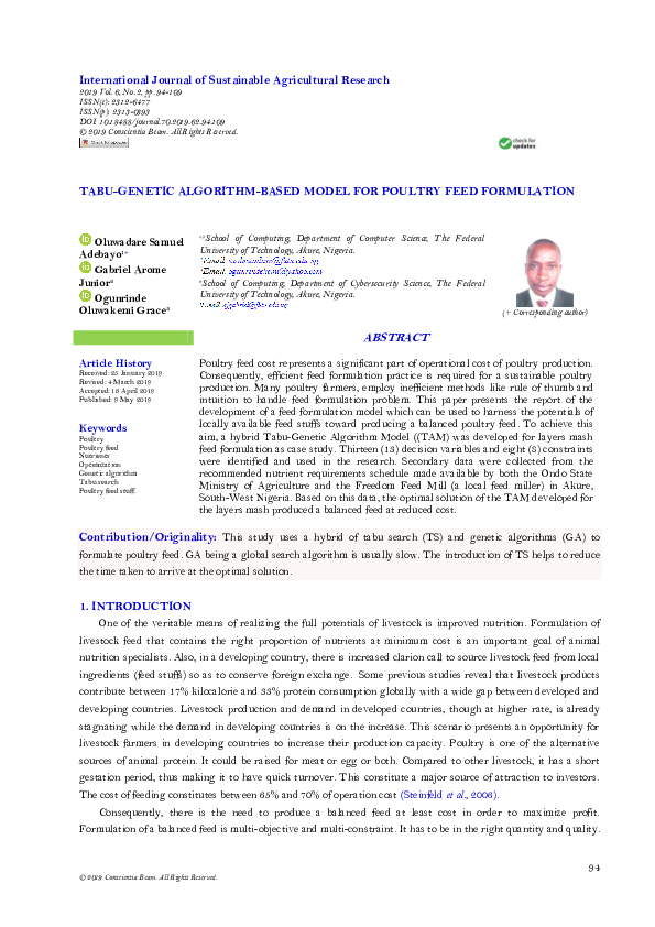 (PDF) Tabu-Genetic Algorithm-Based Model for Poultry Feed Formulation