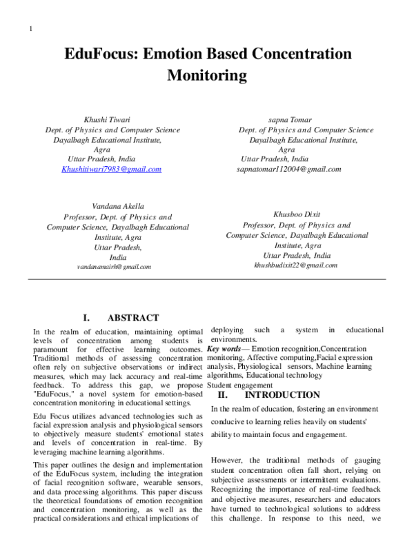 (PDF) EduFocus: Emotion Based Concentration Monitoring