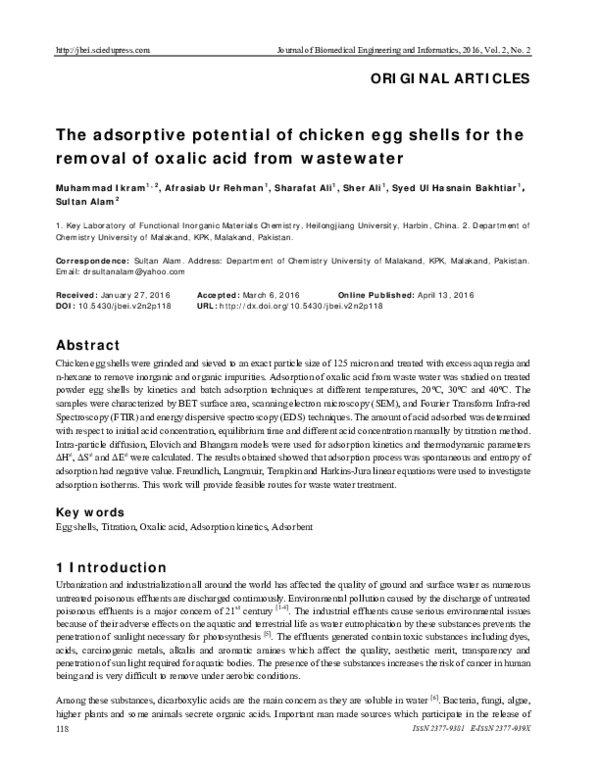 (PDF) The adsorptive potential of chicken egg shells for the removal of oxalic acid from wastewater