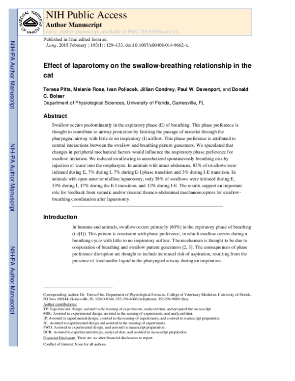 (PDF) Effect of Laparotomy on the Swallow–Breathing Relationship in the Cat