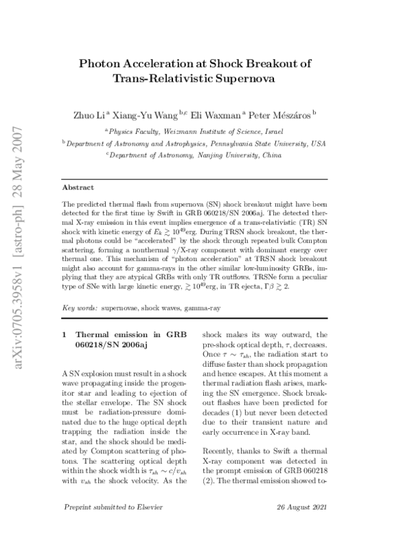 (PDF) Photon Acceleration at Shock Breakout of Trans-Relativistic Supernova