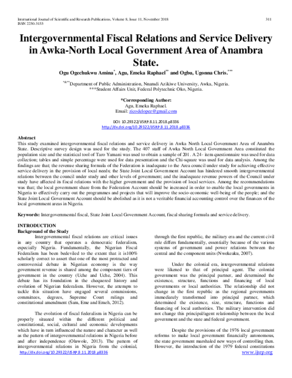 (PDF) Intergovernmental Fiscal Relations and Service Delivery in Awka ...