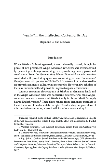 (PDF) Weisheit in the Intellectual Context of Its Day
