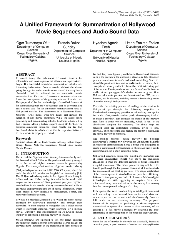 (PDF) A Unified Framework for Summarization of Nollywood Movie Sequences and Audio Sound Data