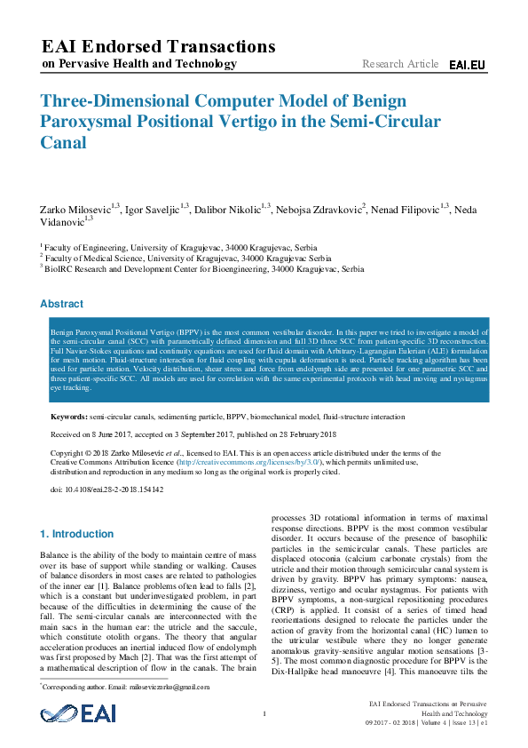 (PDF) Three-Dimensional Computer Model of Benign Paroxysmal Positional Vertigo in the Semi ...