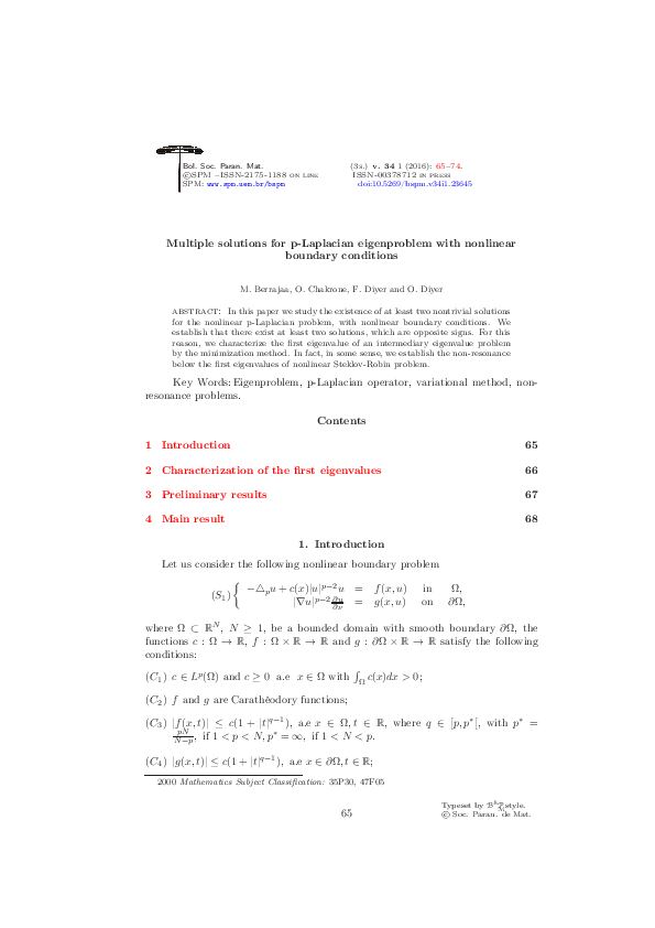 (PDF) Multiple solutions for p-Laplacian eigenproblem with nonlinear boundary conditions
