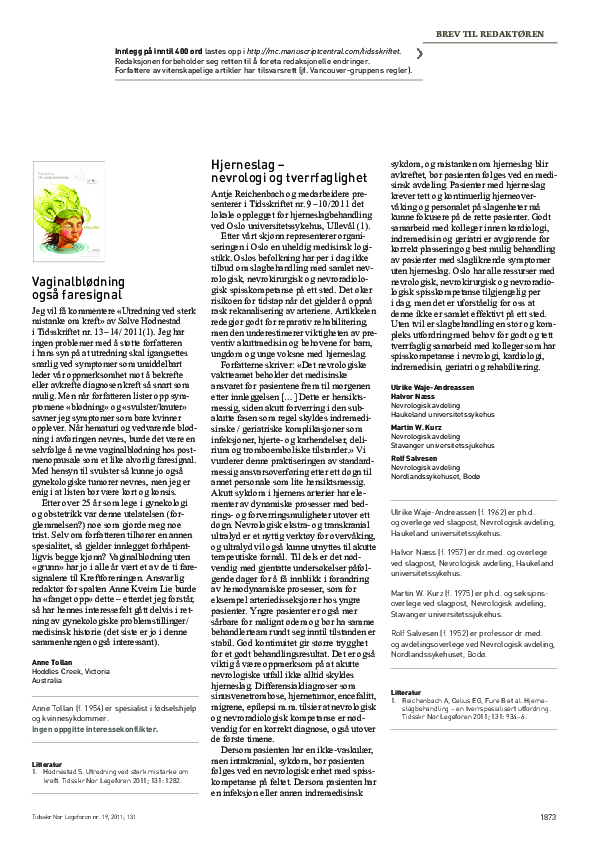(PDF) Hjerneslag - nevrologi og tverrfaglighet