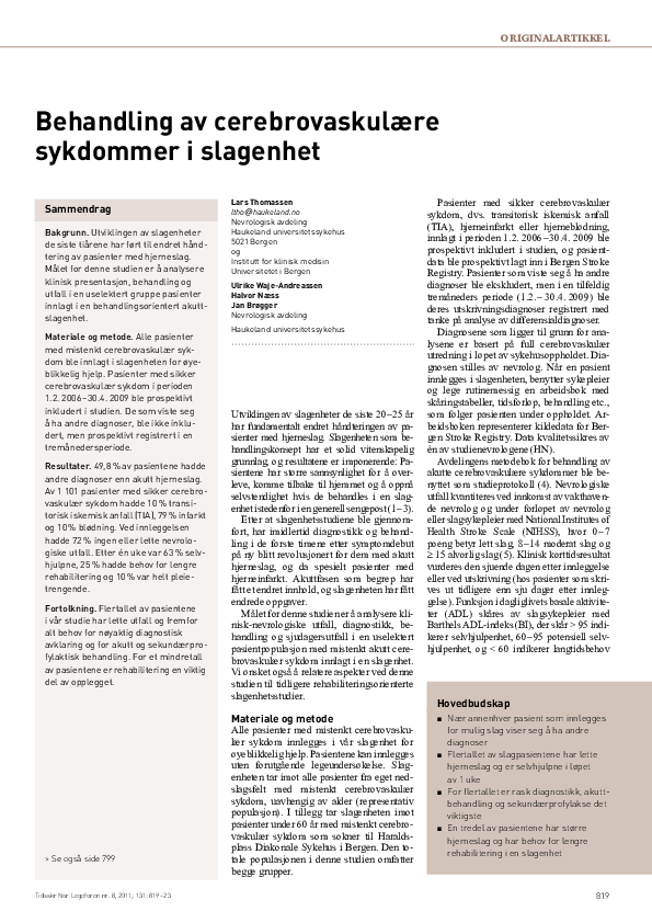(PDF) Behandling av cerebrovaskulære sykdommer i slagenhet