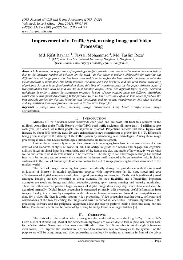 (PDF) Improvement of a Traffic System using Image and Video Processing ...