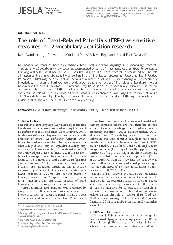 (PDF) The role of Event-Related Potentials (ERPs) as sensitive measures in L2 vocabulary ...