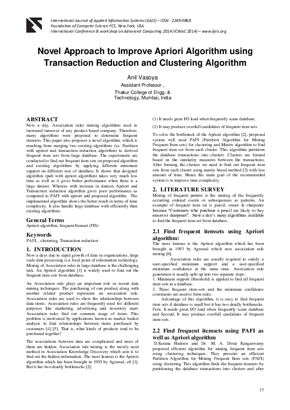 (PDF) Novel Approach to Improve Apriori Algorithm using Transaction Reduction and Clustering ...