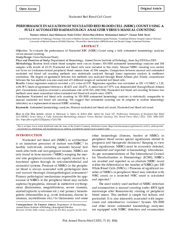(PDF) Performance Evaluation of Nucleated Red Blood Cell (NRBC) Count ...