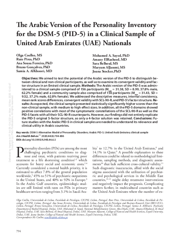 (PDF) The Arabic Version of the Personality Inventory for the DSM-5 (PID-5) in a Clinical Sample ...