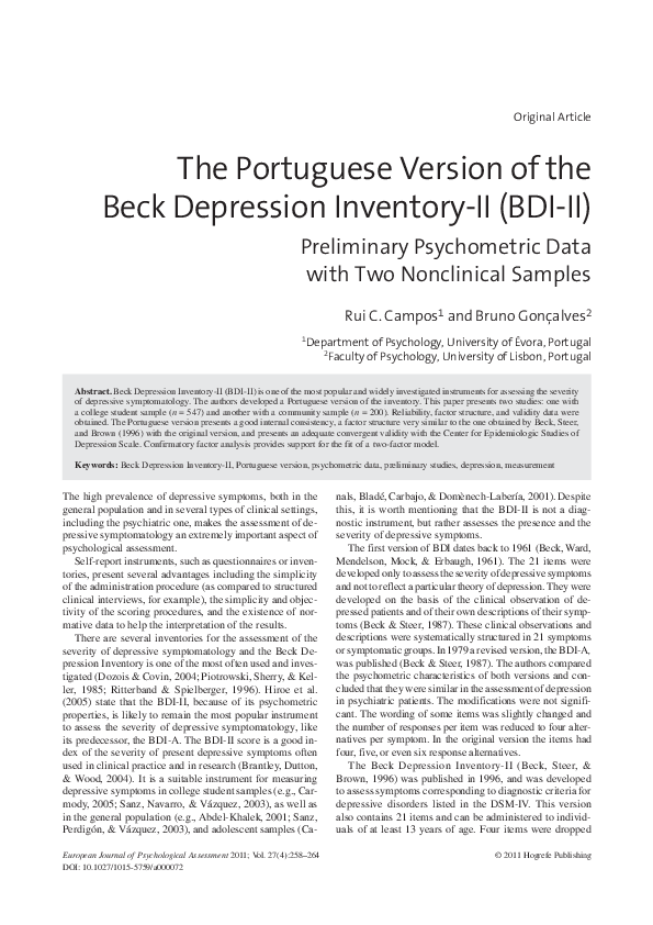 (PDF) The Portuguese Version of the Beck Depression Inventory-II (BDI-II)