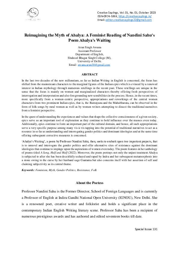 (PDF) Reimagining the Myth of Ahalya: A Feminist Reading of Nandini ...
