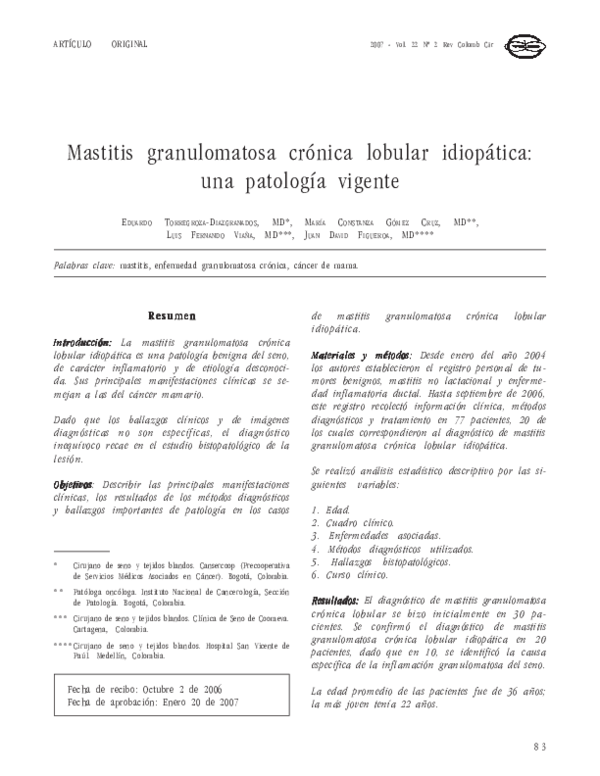 (PDF) Mastitis granulomatosa crónica lobular idiopática: una patología ...