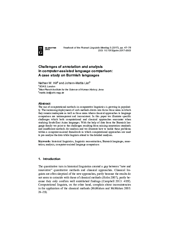 (PDF) Challenges of annotation and analysis in computer-assisted language comparison: A case ...