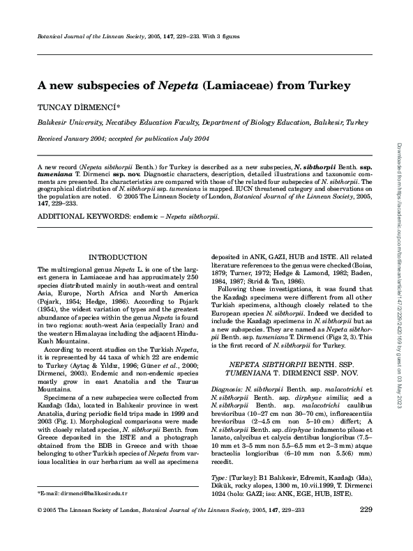 (PDF) A new subspecies of Nepeta (Lamiaceae) from Turkey