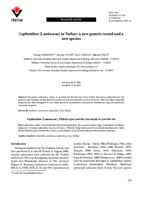 (PDF) Lophanthus (Lamiaceae) in Turkey: a new generic record and a new ...