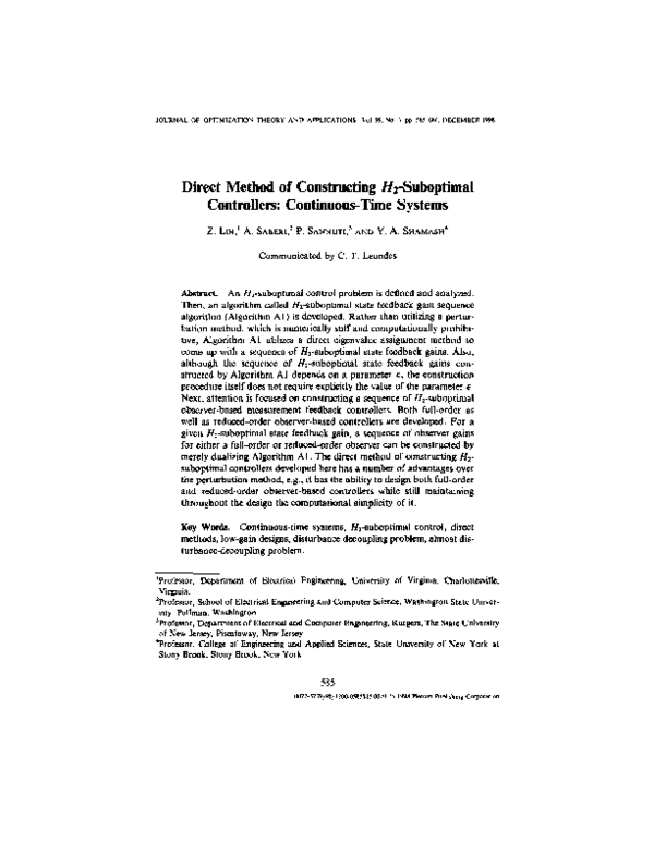 (PDF) Direct Method of Constructing H 2-Suboptimal Controllers: Continuous-Time Systems
