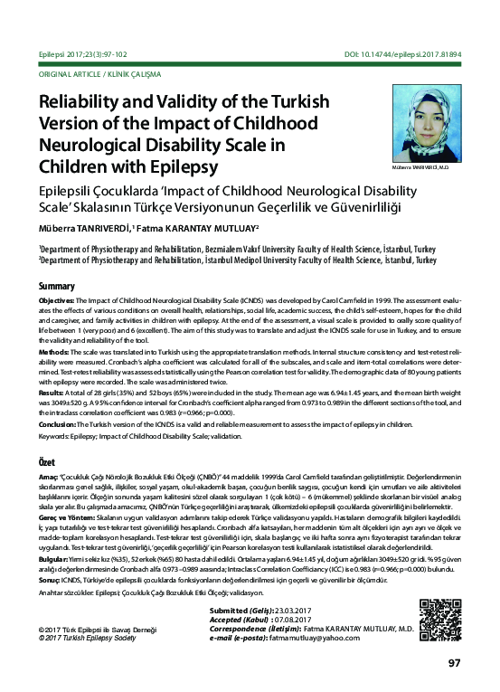 (PDF) Reliability and Validity ‘Impact of Childhood Neurological Disability Scale’ of Turkish ...