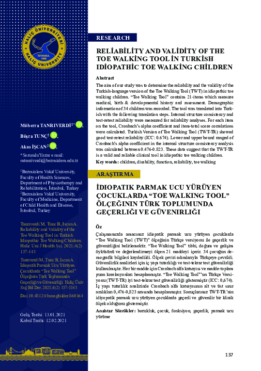 (PDF) Reliability and Validity of the Toe Walking Tool in Turkish ...