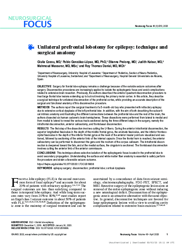 (PDF) Unilateral prefrontal lobotomy for epilepsy: technique and ...