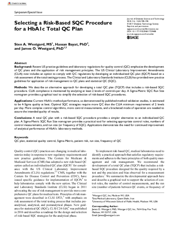 (PDF) Selecting a Risk-Based SQC Procedure for a HbA1c Total QC Plan | Hassan Bayat - Academia.edu