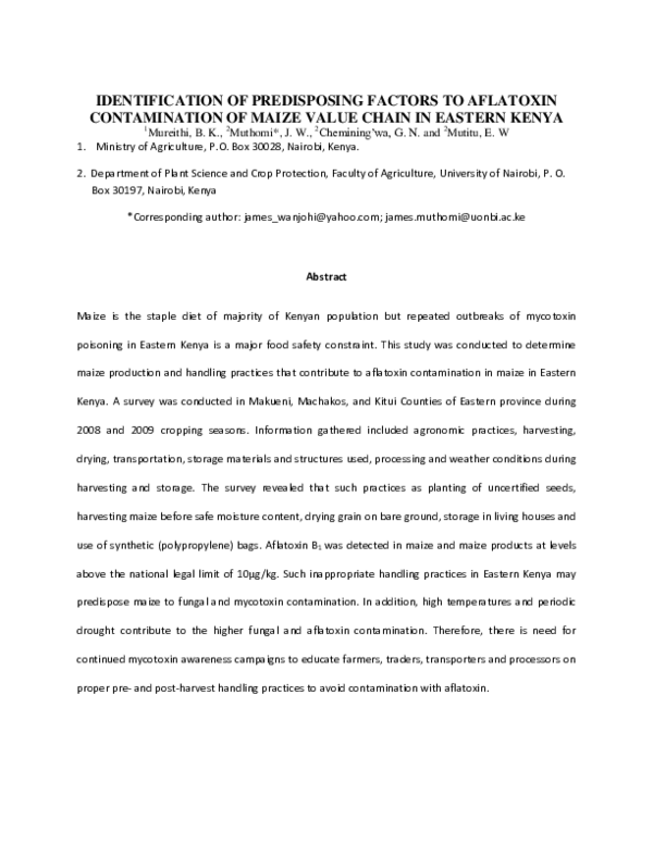 (PDF) Identification of Predisposing Factors to Aflatoxin Contamination of Maize Value Chain in ...