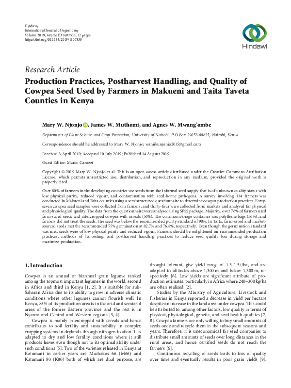 (PDF) Production Practices, Postharvest Handling, and Quality of Cowpea Seed Used by Farmers in ...