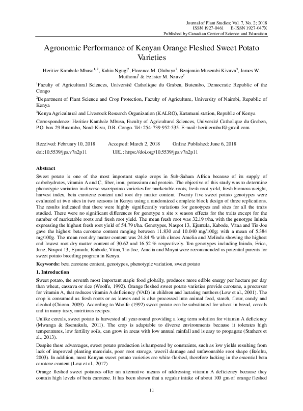 (PDF) Agronomic Performance of Kenyan Orange Fleshed Sweet Potato Varieties
