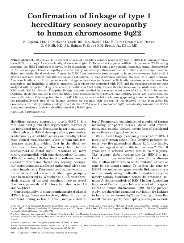(PDF) Confirmation of linkage of type 1 hereditary sensory neuropathy ...