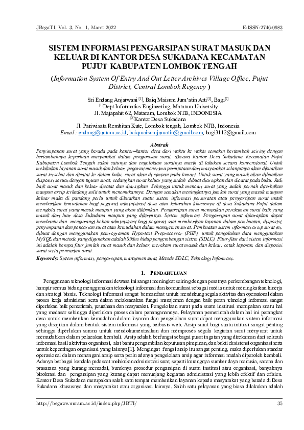 (PDF) SISTEM INFORMASI PENGARSIPAN SURAT MASUK DAN KELUAR DI KANTOR DESA SUKADANA KECAMATAN ...