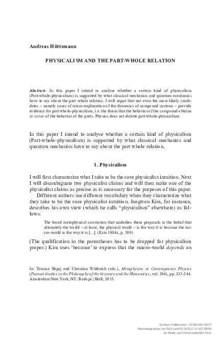 (PDF) Physicalism and the Part-Whole Relation