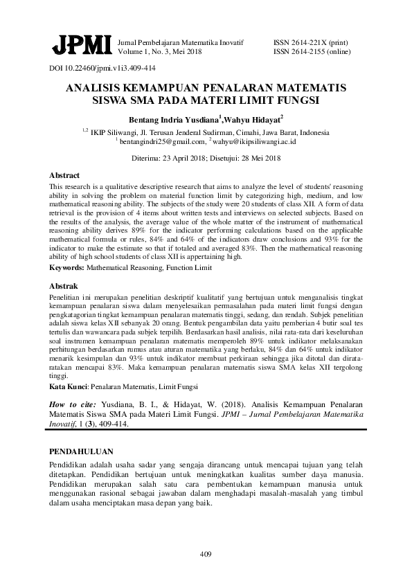 (PDF) Analisis Kemampuan Penalaran Matematis Siswa Sma Pada Materi Limit Fungsi