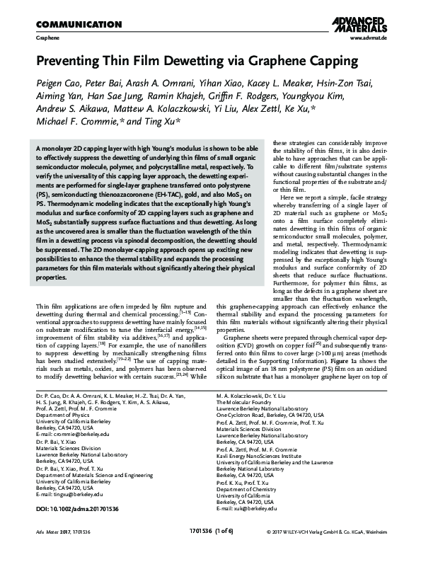 (PDF) Preventing Thin Film Dewetting via Graphene Capping