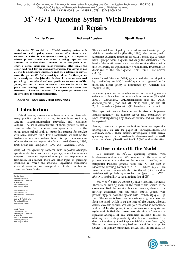 (PDF) Mx G 1 Queueing System With Breakdowns and Repairs