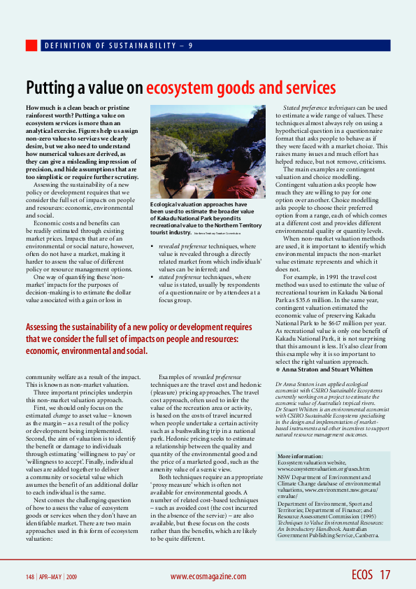 (PDF) Putting a value on ecosystem goods and services