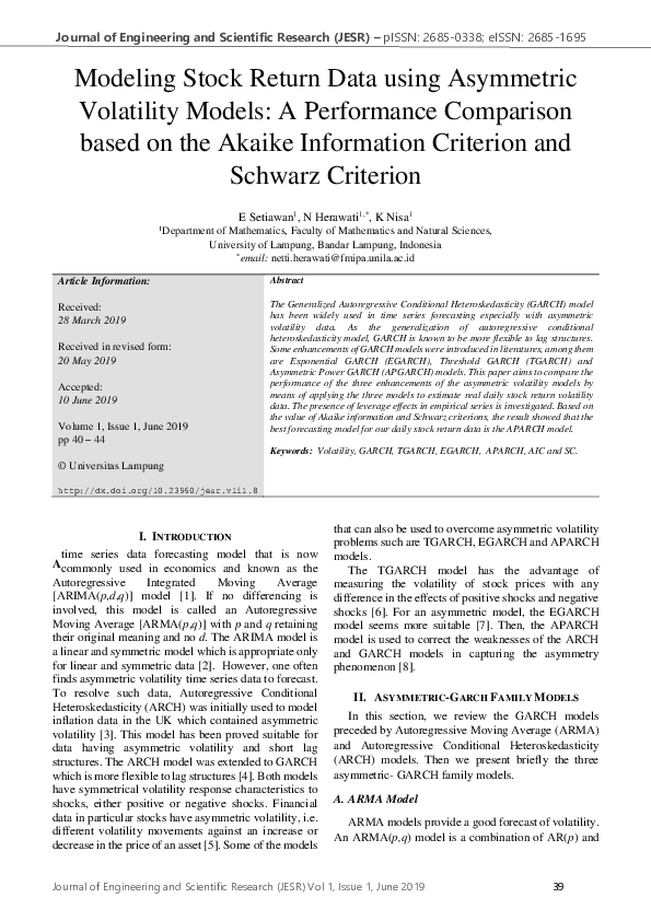 Pdf Modeling Stock Return Data Using Asymmetric Volatility Models A Performance Comparison
