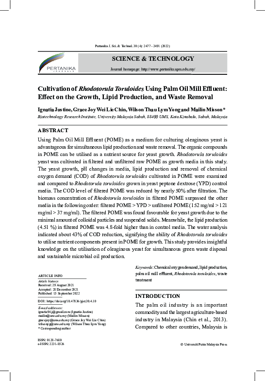 (PDF) Cultivation of Rhodotorula Toruloides Using Palm Oil Mill Effluent: Effect on the Growth ...