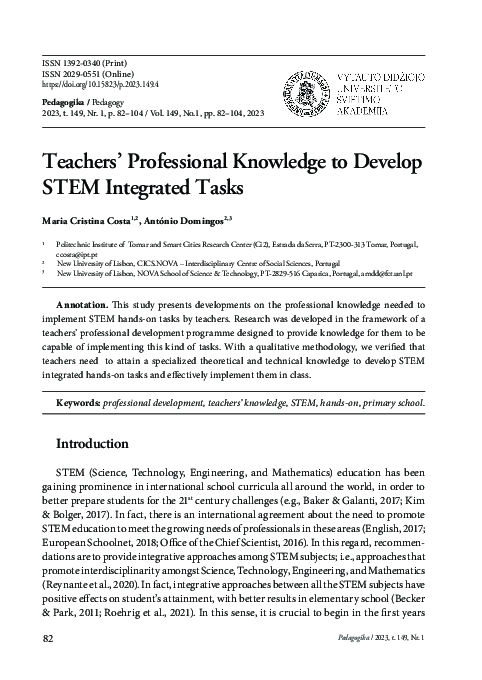 (PDF) Teachers’ Professional Knowledge to Develop STEM Integrated Tasks ...