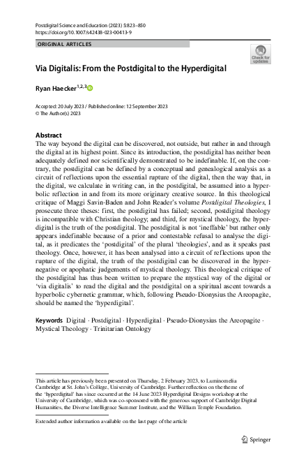 (PDF) Via Digitalis: From the Postdigital to the Hyperdigital