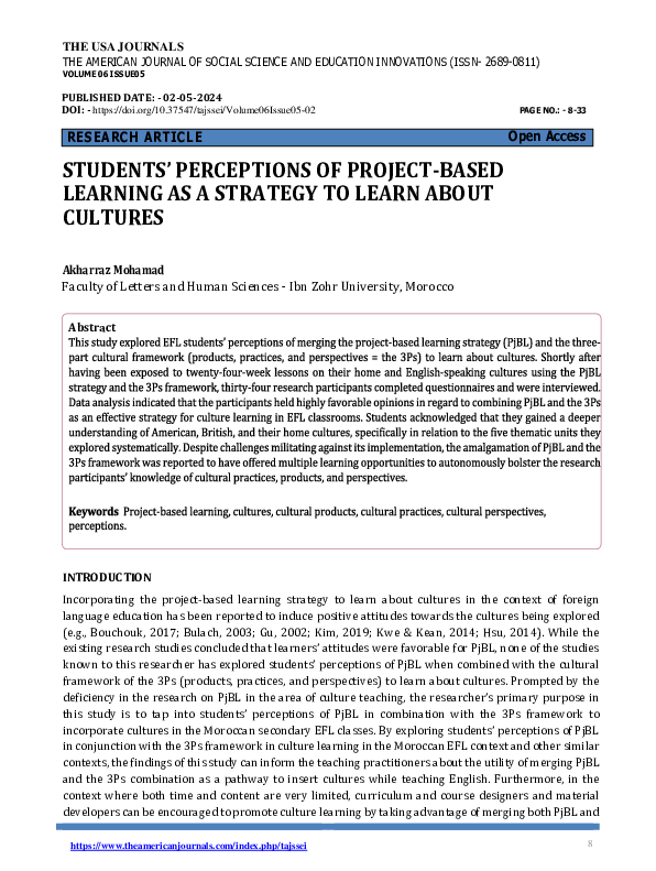 (PDF) STUDENTS' PERCEPTIONS OF PROJECT-BASED LEARNING AS A STRATEGY TO ...