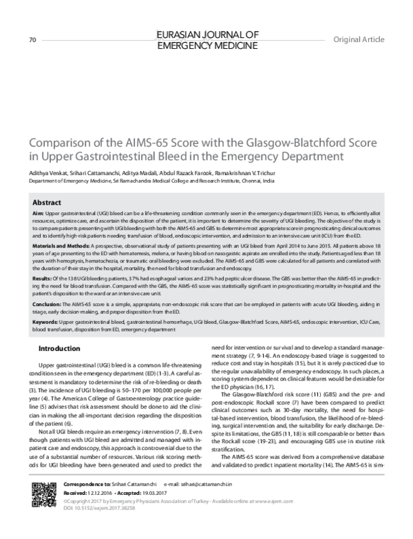 (PDF) Comparison of the AIMS-65 Score with the Glasgow-Blatchford Score ...