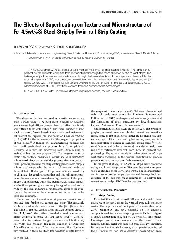 (PDF) The Eftects of Superheating on Texture and Microstructure of Fe-4.5wt%Si Steel Strip by ...