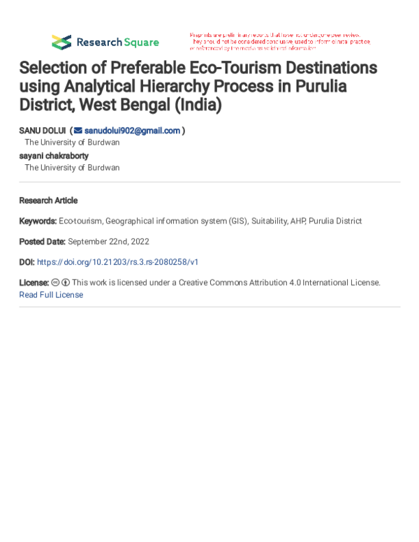 (PDF) Selection of Preferable Eco-Tourism Destinations using Analytical ...