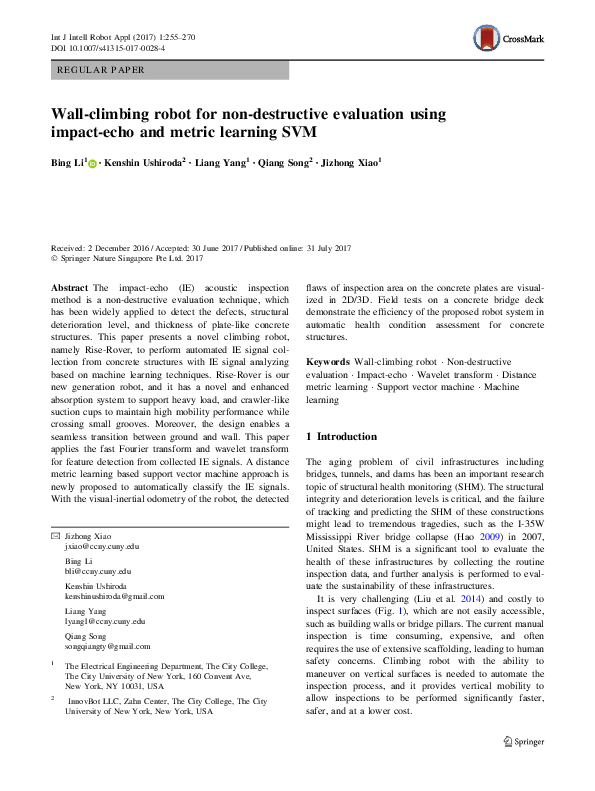 (PDF) Wall-climbing robot for non-destructive evaluation using impact-echo and metric learning SVM