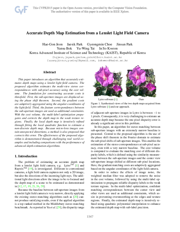 (PDF) Accurate depth map estimation from a lenslet light field camera | Yu-Wing Tai - Academia.edu