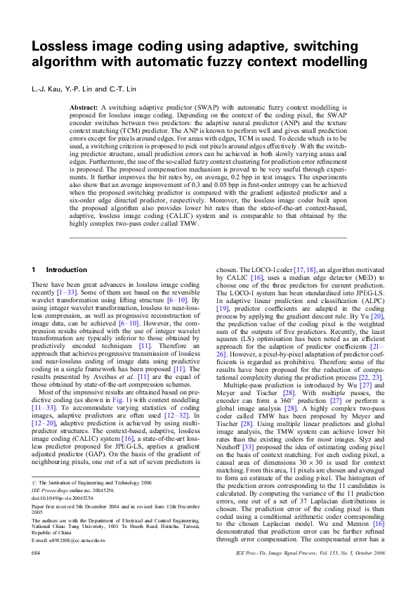 (PDF) Lossless image coding using adaptive, switching algorithm with automatic fuzzy context ...