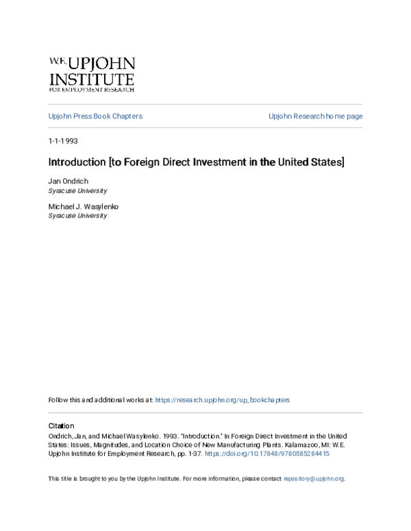 (PDF) Introduction [to Foreign Direct Investment in the United States]